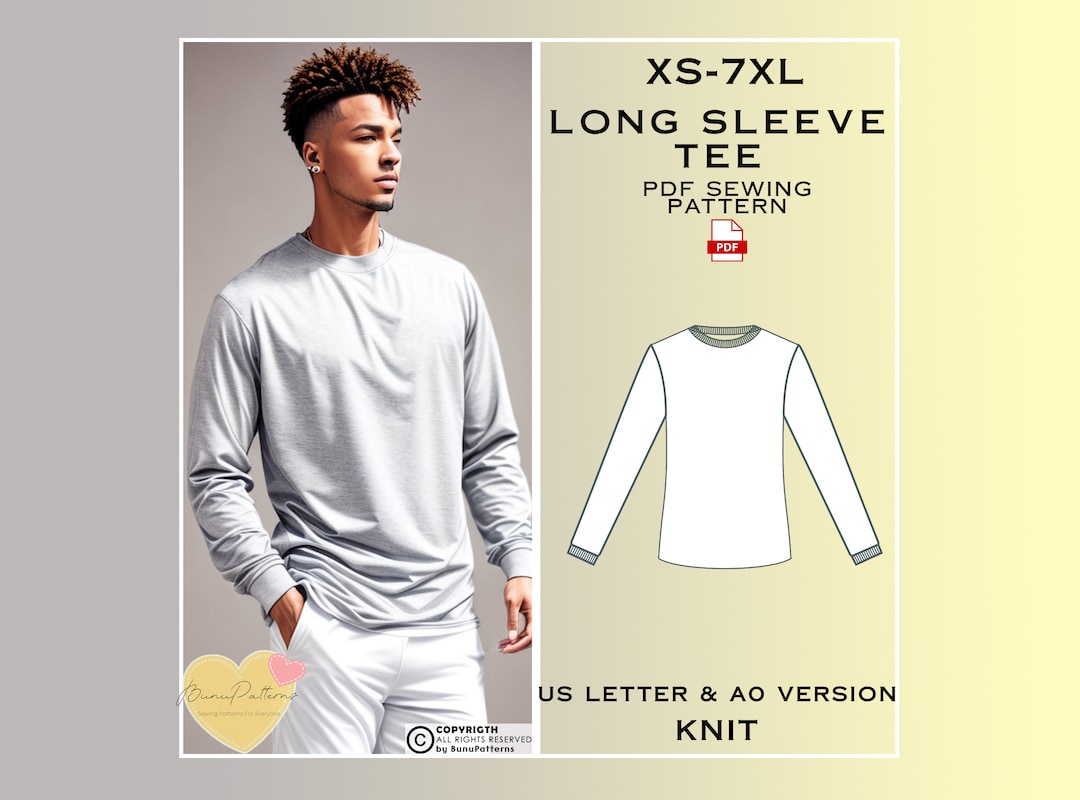 Men's Long Sleeve Tee Sewing Pattern: Basic T-shirt, Plus Size XS-7XL ...