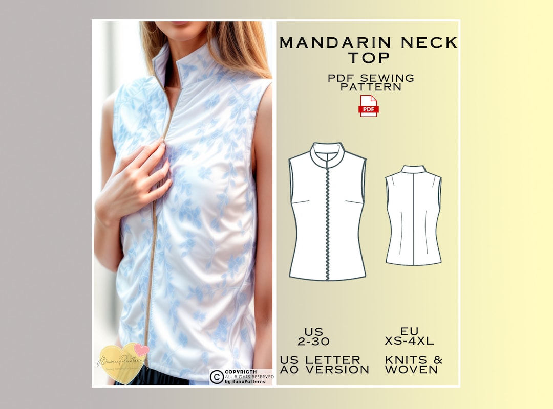 Mandarin Neck Top Sewing Pattern, T-shirt PDF Sewing Pattern Instant ...