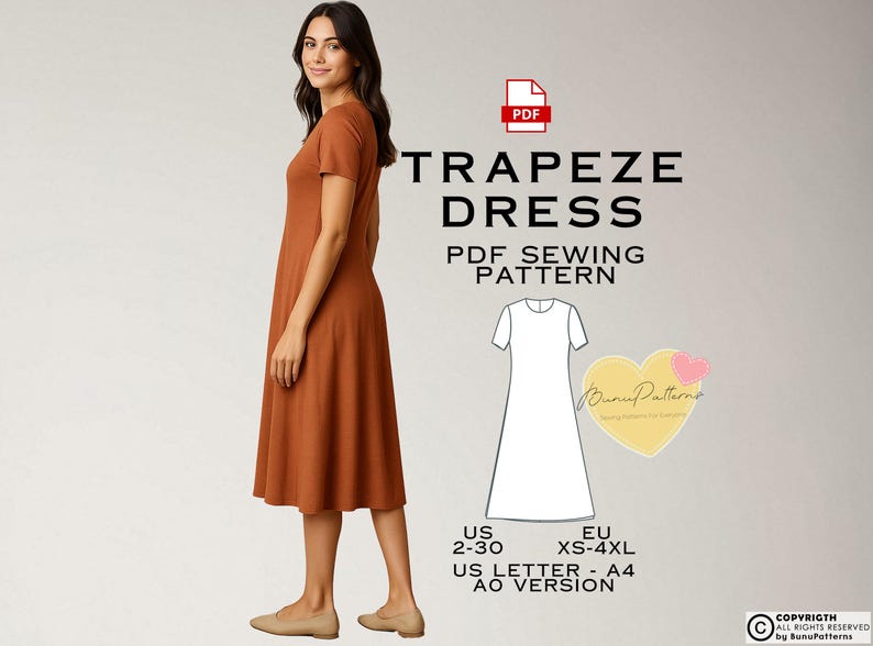 Midi Trapeze Dress Sewing Pattern: Plus Size US 2-30 (PDF) - Etsy