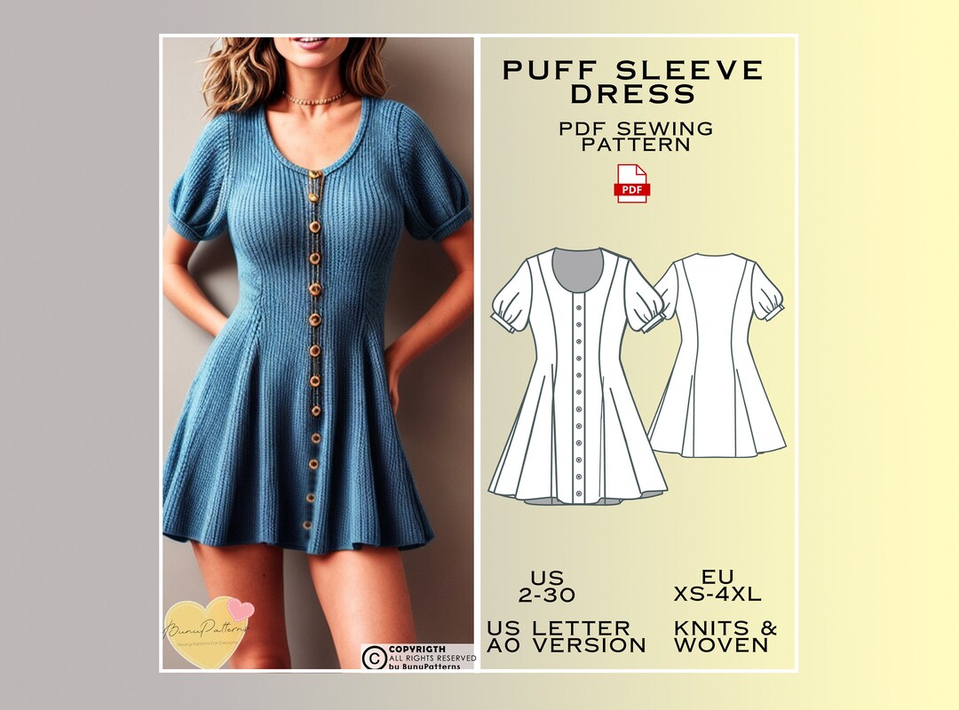 Puff Sleeve Button Down Dress Sewing Pattern, PDF Sewing Pattern ...