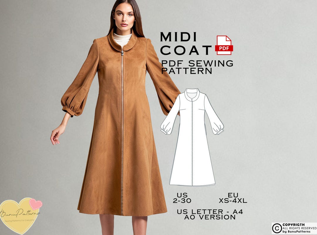 Midi Coat Sewing Pattern, Overcoat PDF Sewing Pattern Instant Download ...