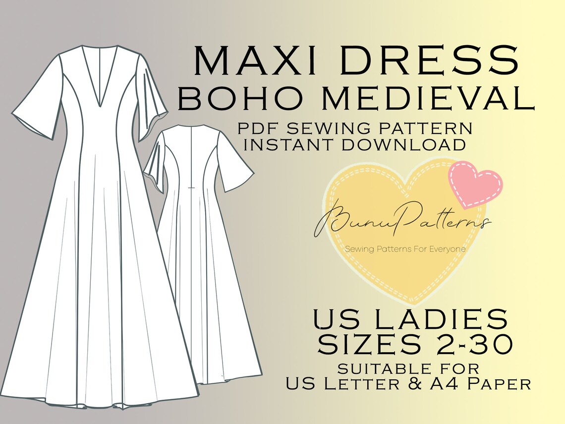 Maxi Dress Sewing Pattern Medieval Boho Dress PDF Sewing - Etsy Australia