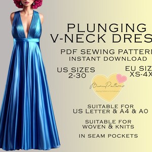 Plunging V Neck Dress Sewing Pattern, Prom Dress PDF Sewing Pattern ...