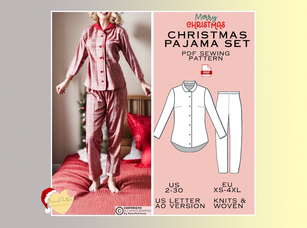 Christmas Pajama Sewing Pattern, Woman Pyjamas Set PDF Sewing Pattern ...