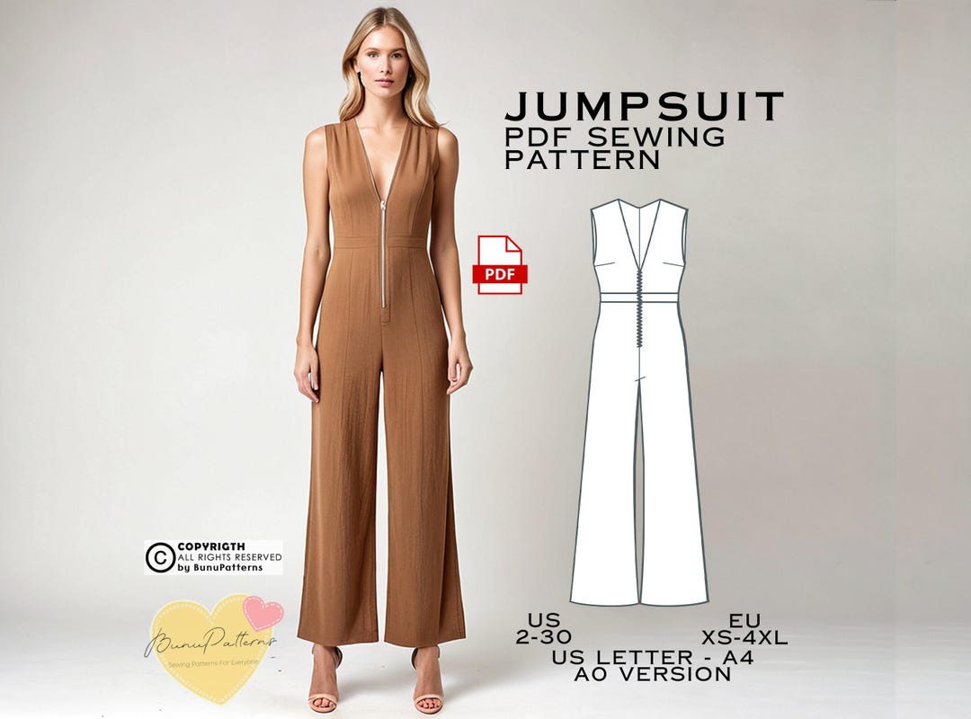 Wide Leg Full Jumpsuit Sewing Pattern, Woman Clothing PDF Sewing ...