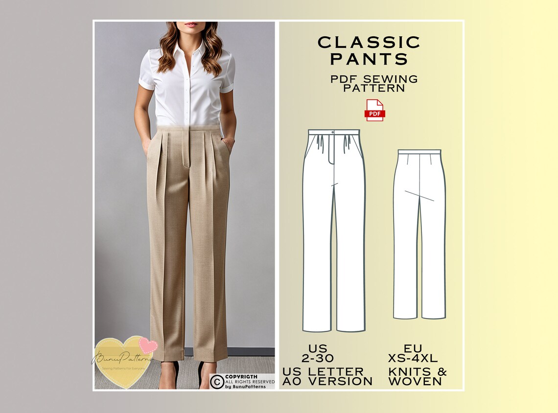 Classic Woven Pants Sewing Pattern: Waistband Trousers (PDF Pattern) - Etsy
