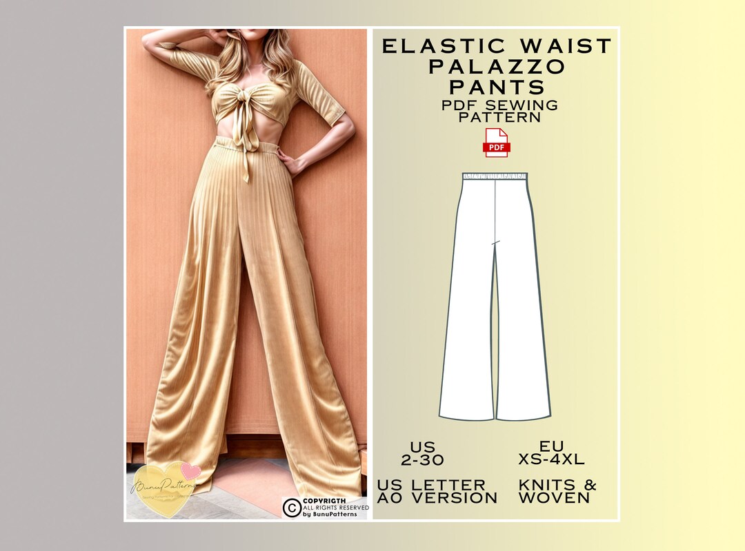 Elastic Waist Palazzo Pants Sewing Pattern: Ladies Sizes 2-30 (PDF ...
