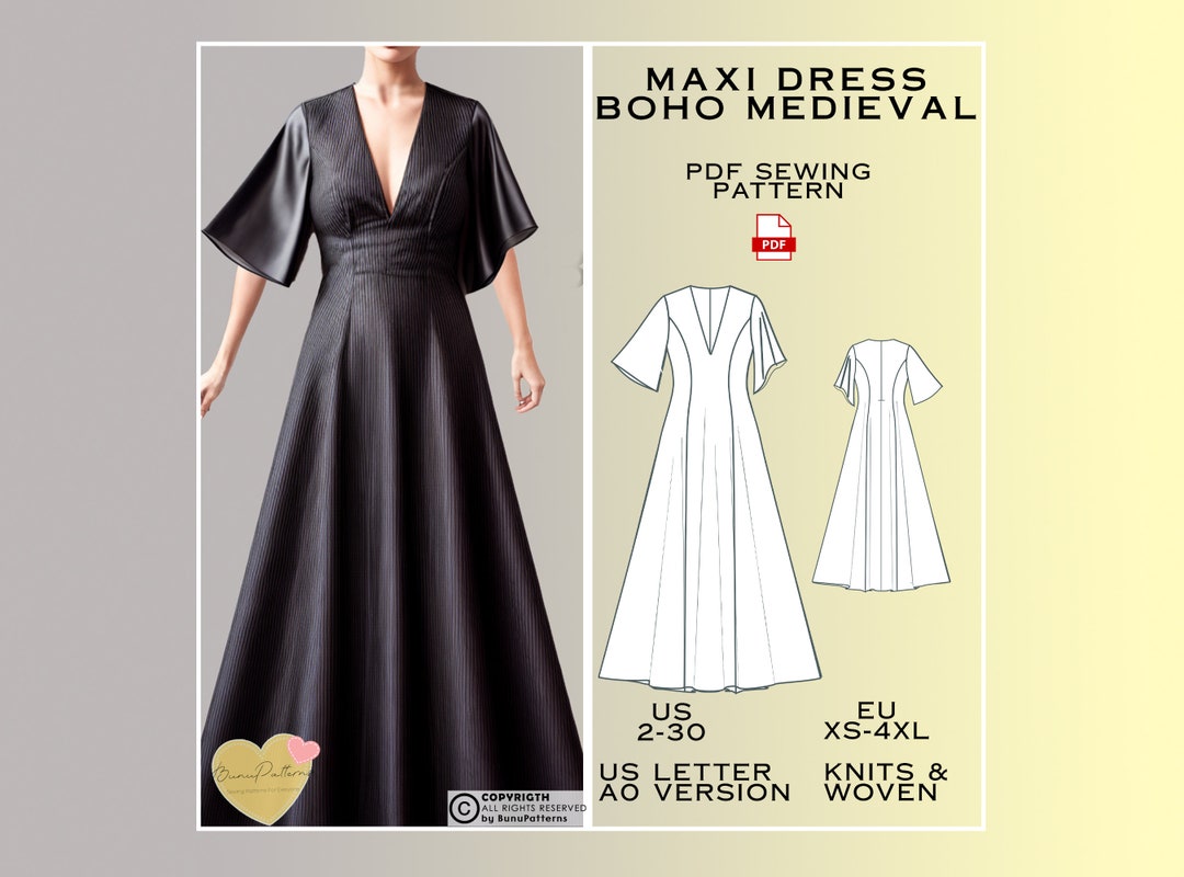 Patron de couture de robe longue, robe bohème médiévale, téléchargement ...