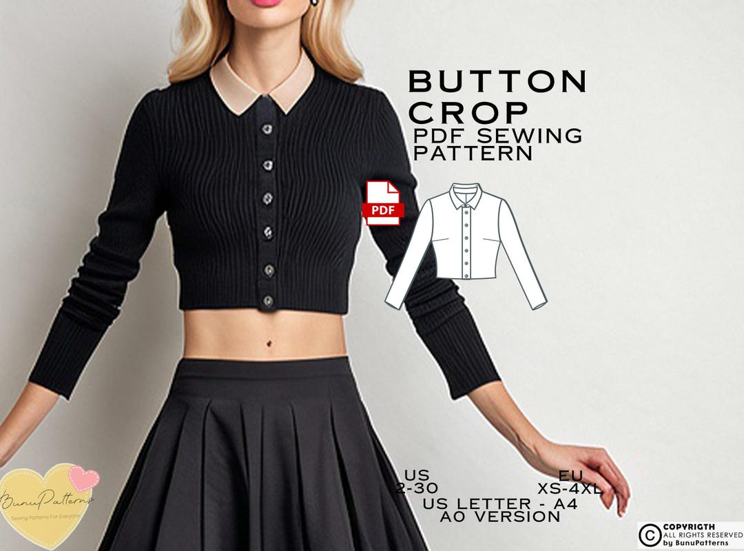 Shirt Collar Crop Sewing Pattern, Button Down Top PDF Sewing Pattern ...