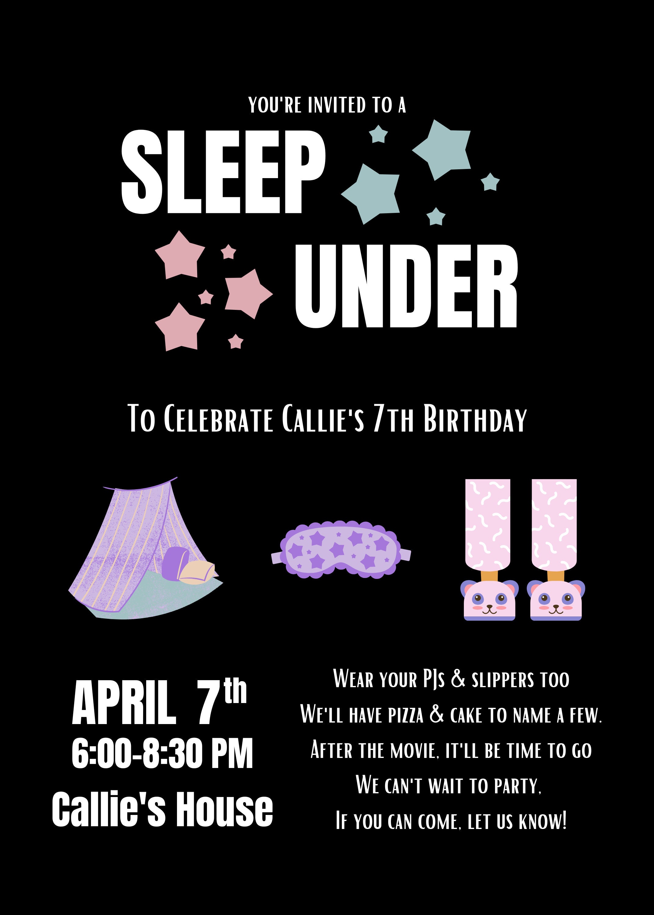 Instant Download, Printable Template, Sleep Under Birthday Invitation ...