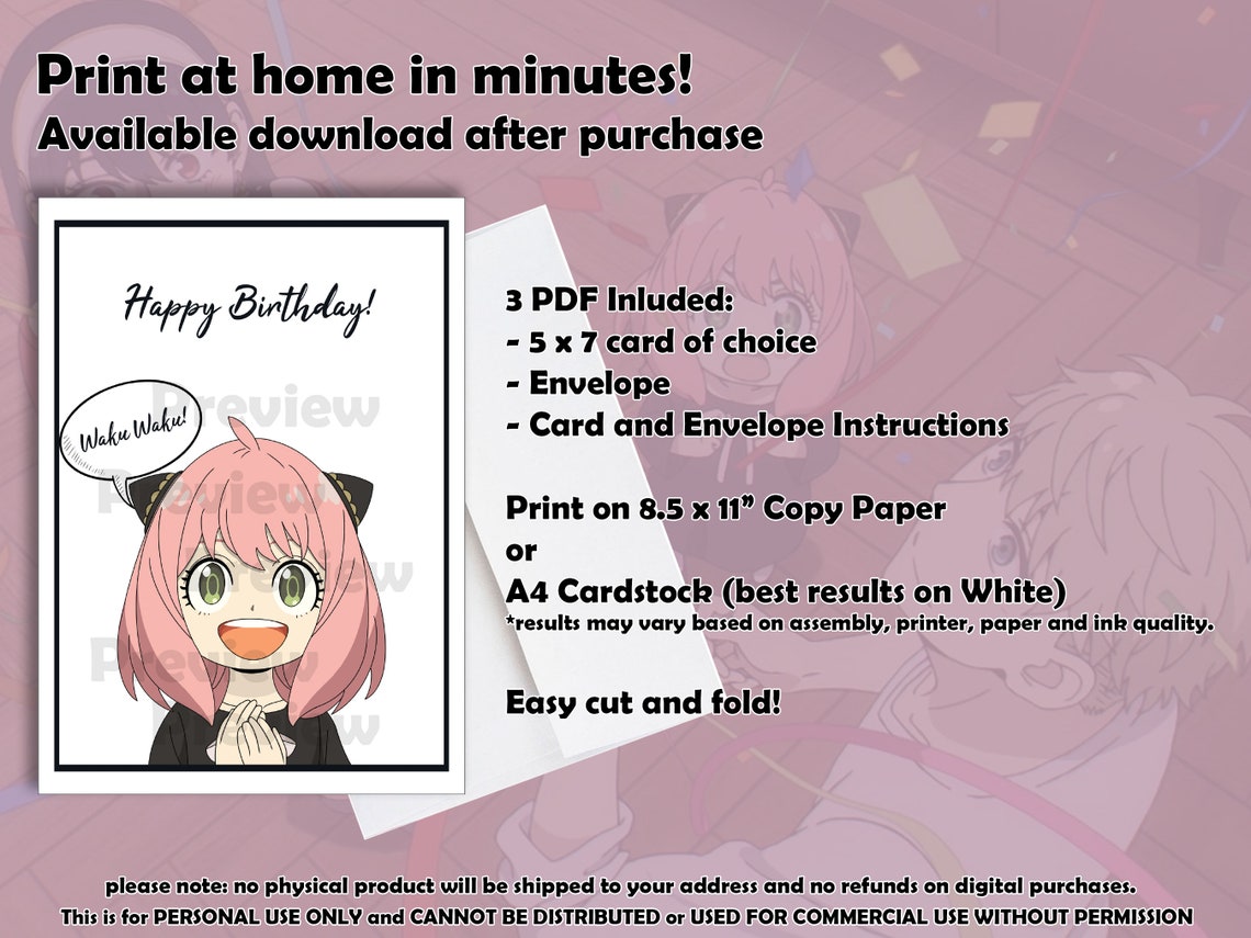 Happy Birthday "anya" - Digital Instant Download Card, Printable Anime ...