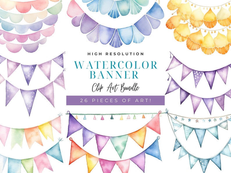 Watercolor Ribbon Banner Clipart Set, Party Invitation, Baby Shower ...