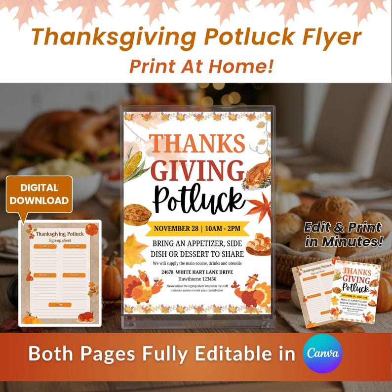 Thanksgiving Potluck Sign-up Sheet Editable Canva Template Office ...