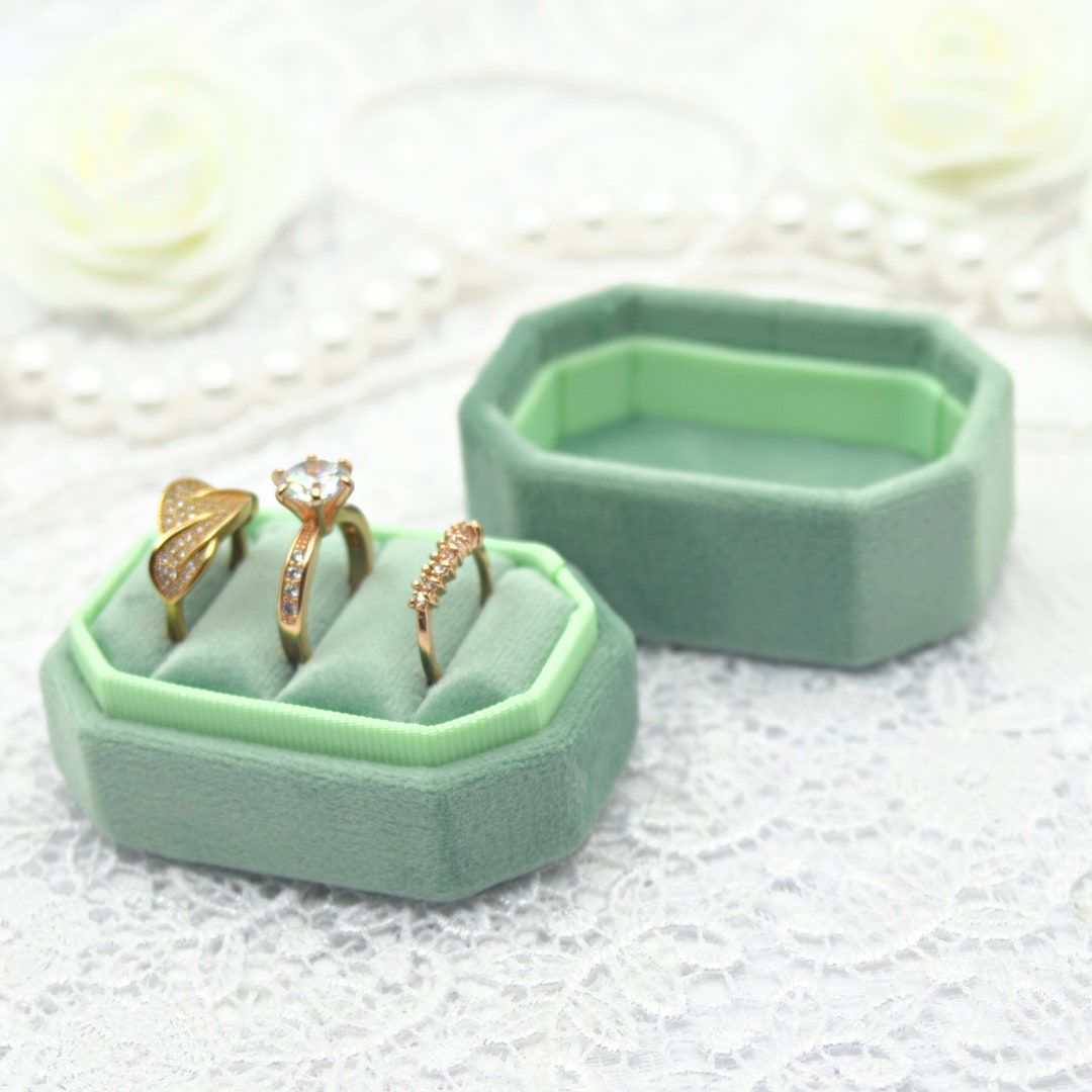 Light Sage Green Velvet Ring Box 3 Slot, Triple Ring Box, Wedding Gift ...