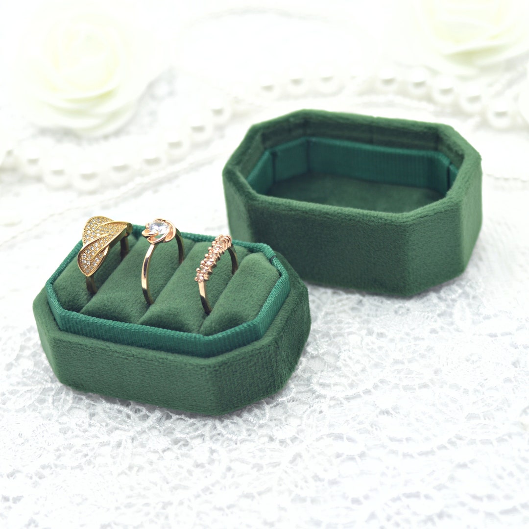 Dark Sage Green Velvet Ring Box 3 Slot, Triple Ring Box, Wedding Gift ...