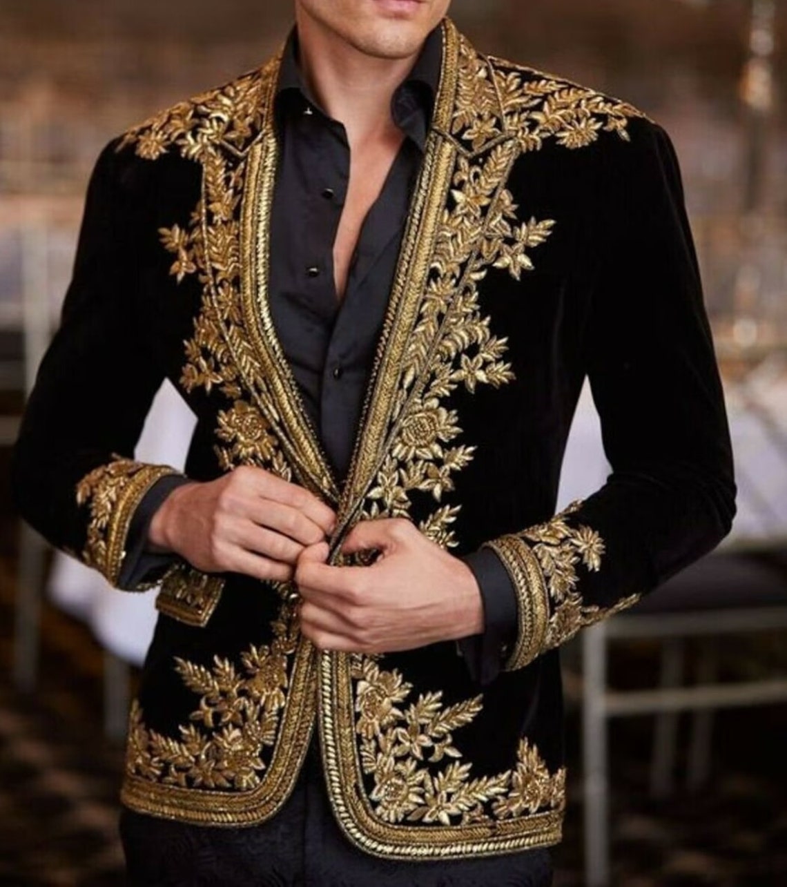 Men's Embroidery Velvet Blazer Bullion Embellishment Black Velvet ...
