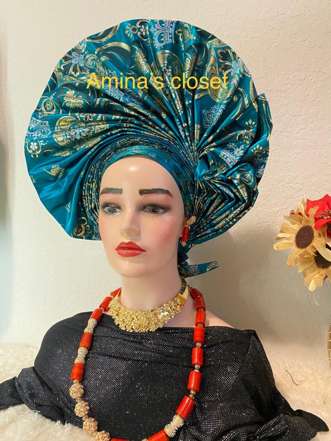 Headtie Autogele, Green and Gold Hand Made Sego Autogele for Wedding ...