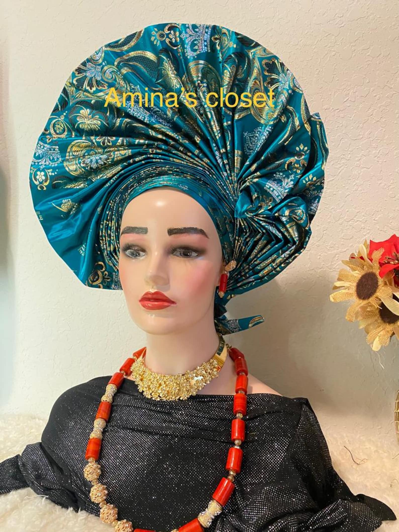 Headtie Autogele, Green and Gold Hand Made Sego Autogele for Wedding ...