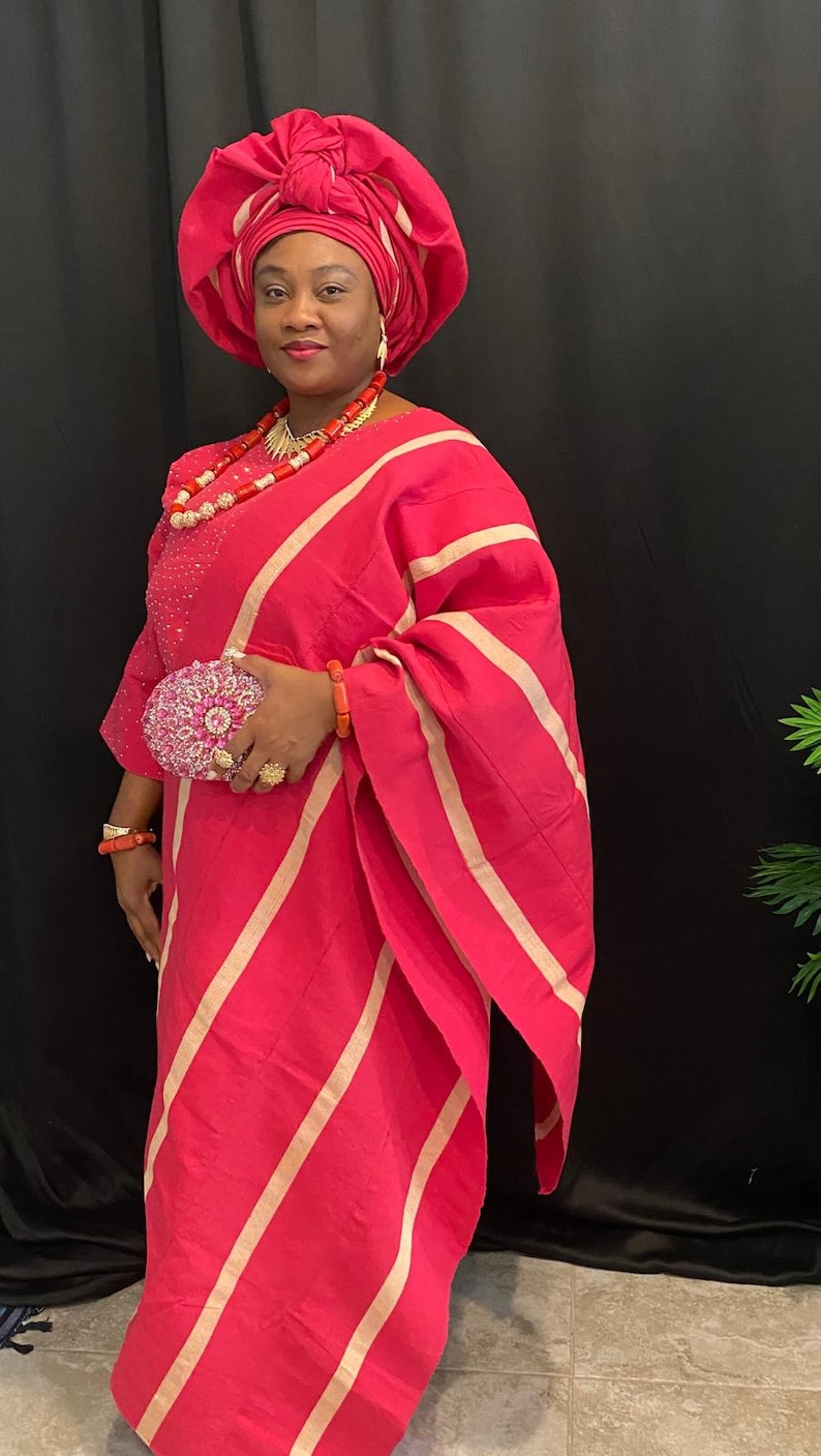 4 Pieces Set Aso Oke for Women, Pink and Gold Color, Buba , Iro , Gele ...