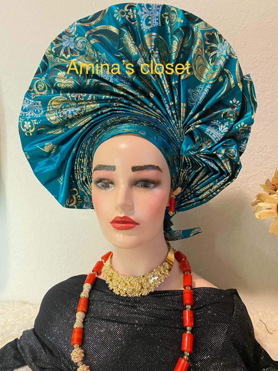 Headtie Autogele, Green and Gold Hand Made Sego Autogele for Wedding ...