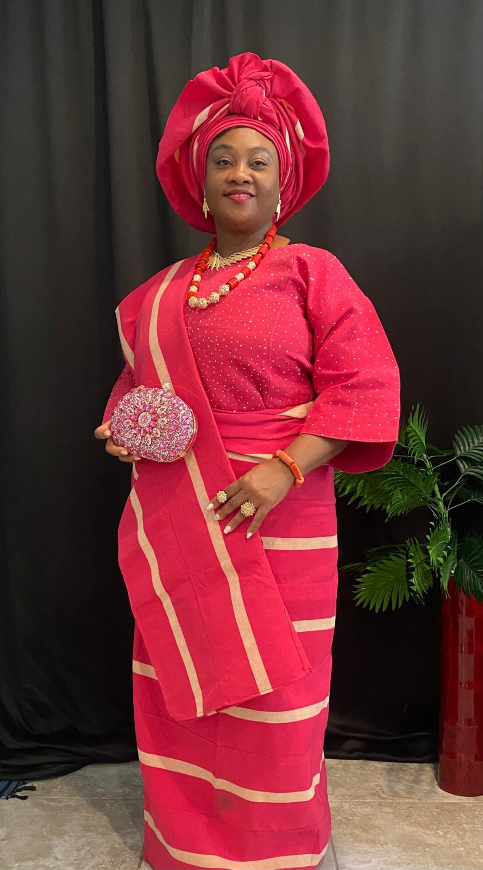 4 Pieces Set Aso Oke for Women, Pink and Gold Color, Buba , Iro , Gele ...