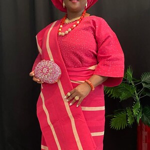 4 Pieces Set Aso Oke for Women, Pink and Gold Color, Buba , Iro , Gele ...
