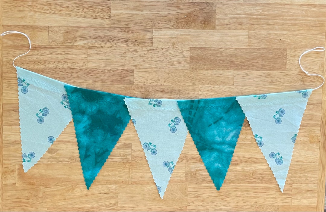 Blue Bicycle and Tie Dye Fabric Triangle Banner, Fabric Bunting ...