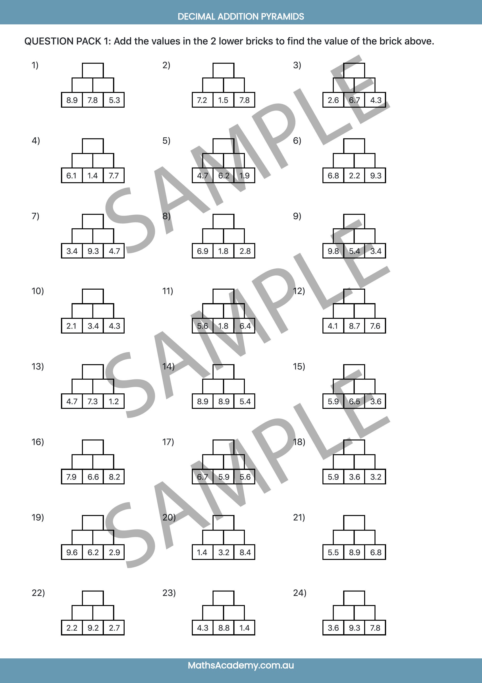 Decimal Addition Pyramids Worksheets 20 Pack. - Etsy