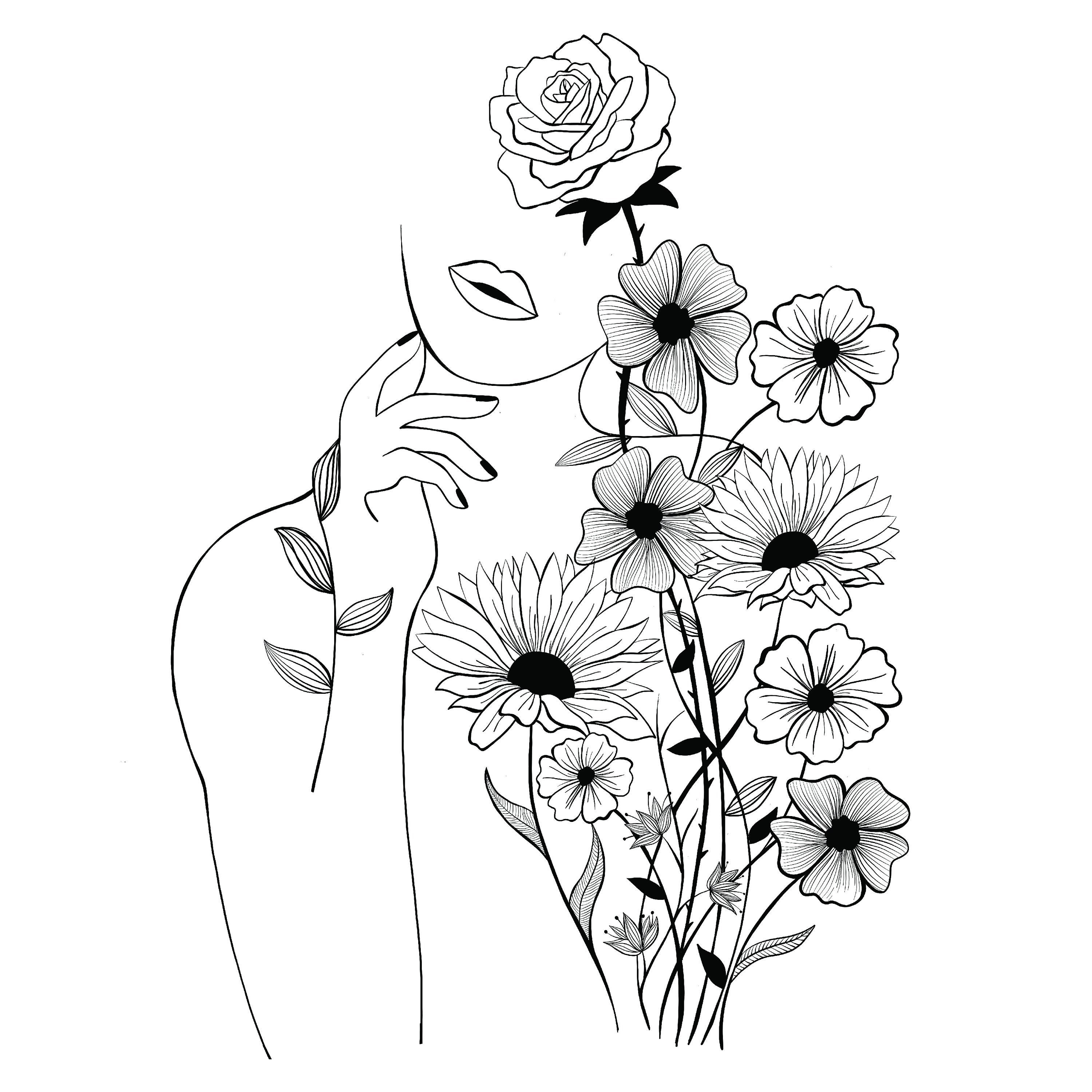Woman in Full Bloom Digital Line Drawing Print - Etsy