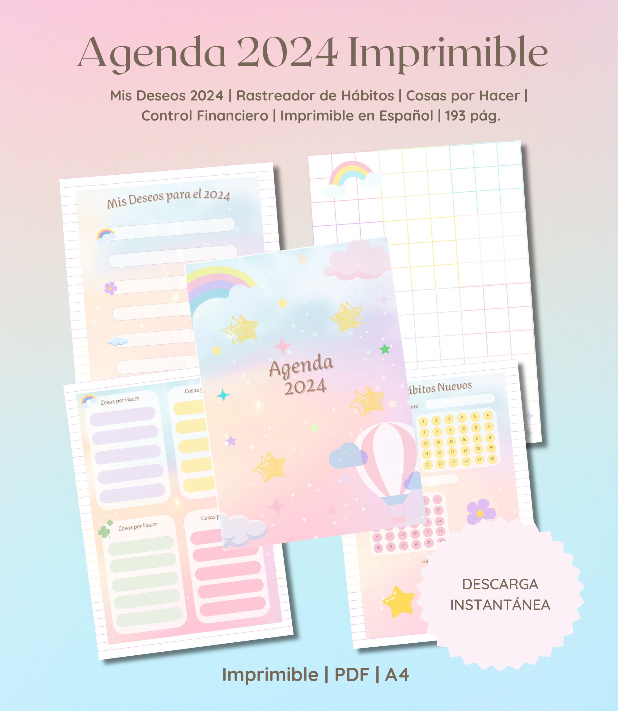 Digital Rainbow Agenda 2024 With Date in Spanish Daily Agenda - Etsy