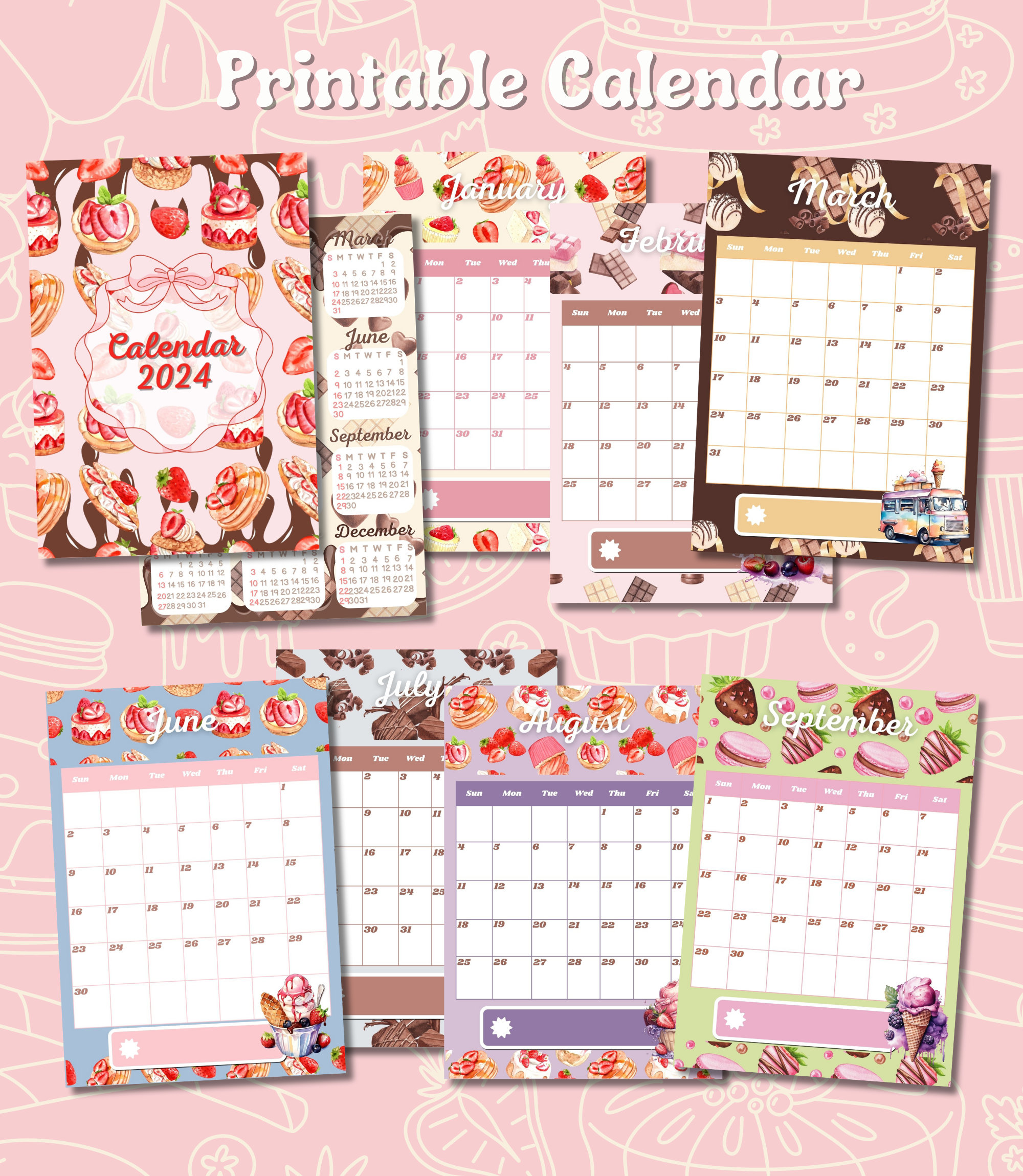 Cute Printable Kawaii Calendar 2024 Instant Download Cute Candy Themed ...