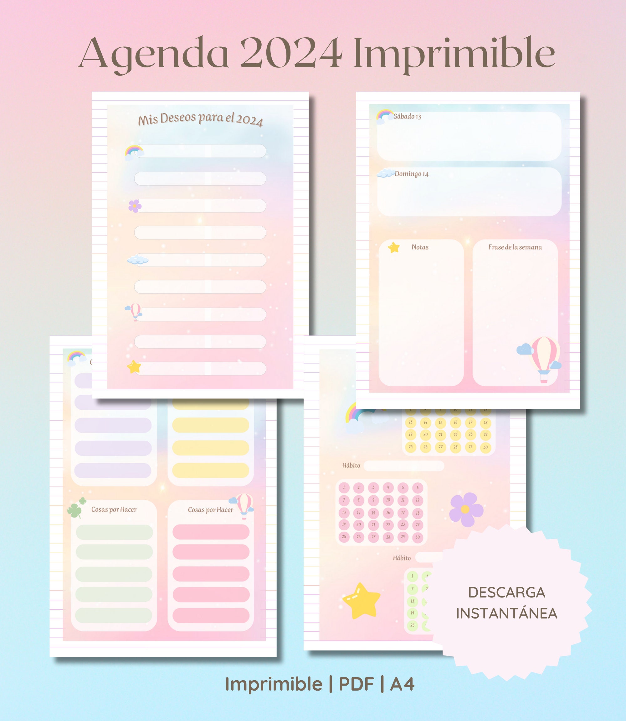 Digital Rainbow Agenda 2024 With Date in Spanish Daily Agenda - Etsy