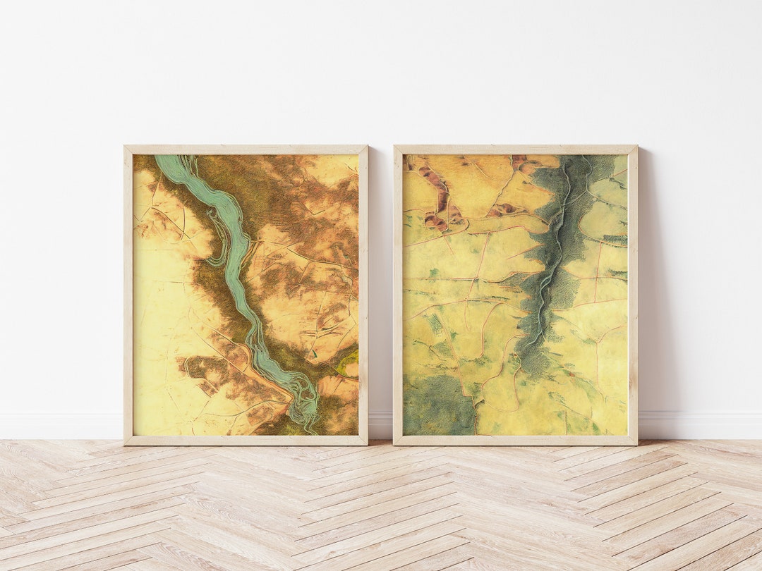 Vintage Topography Art, 2 Piece Set, Watercolor Prints, Bedroom ...