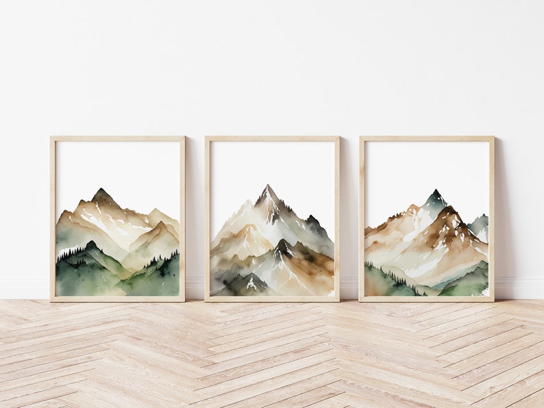 Mountain Range Wall Art Set, 3 Piece Set, Watercolor Wall Art, Bedroom ...