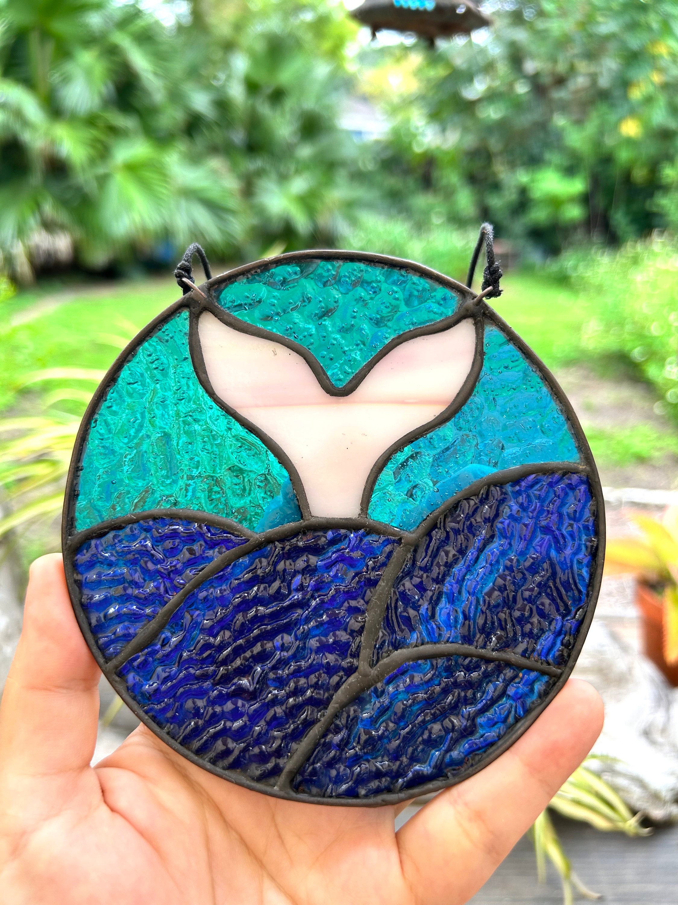 Handcrafted Stained Glass Ocean Suncatcher Blue Ocean Life Decor Diving ...