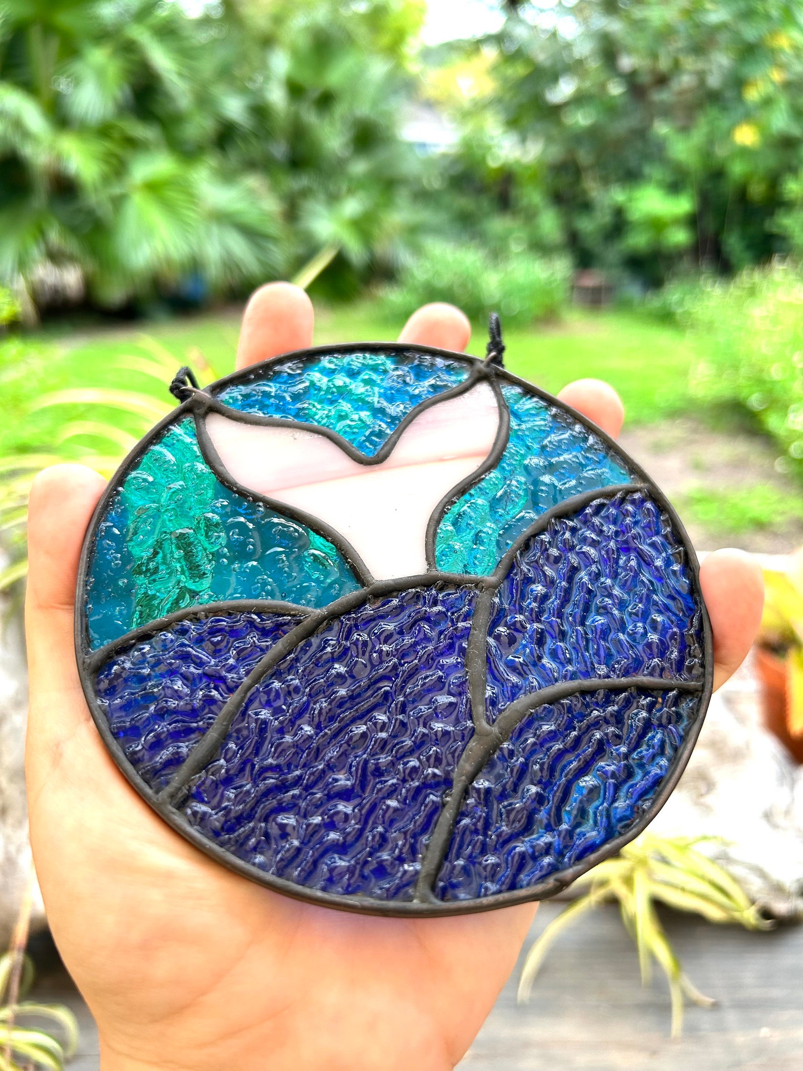 Handcrafted Stained Glass Ocean Suncatcher Blue Ocean Life Decor Diving ...