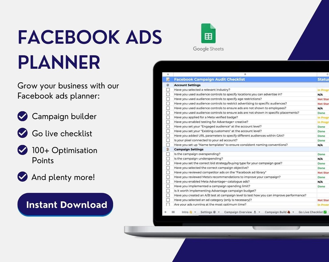 Facebook Ads Campaign Planner: Google Sheets Template (PDF) - Etsy
