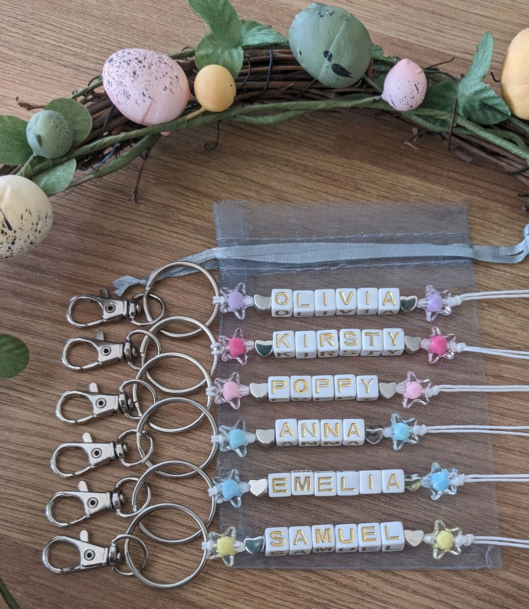 Personalised Name Tag Bead Keyring, School Bag Keyring, Name Keyring ...