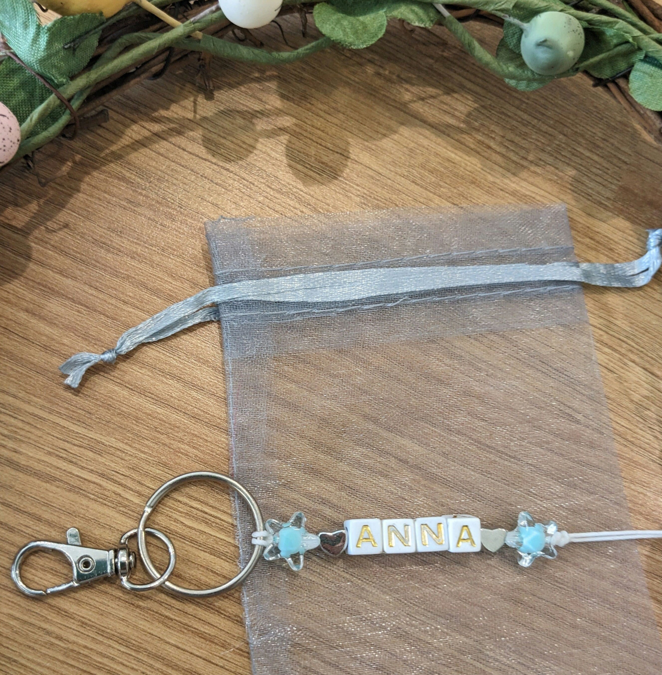 Personalised Name Tag Bead Keyring, School Bag Keyring, Name Keyring ...