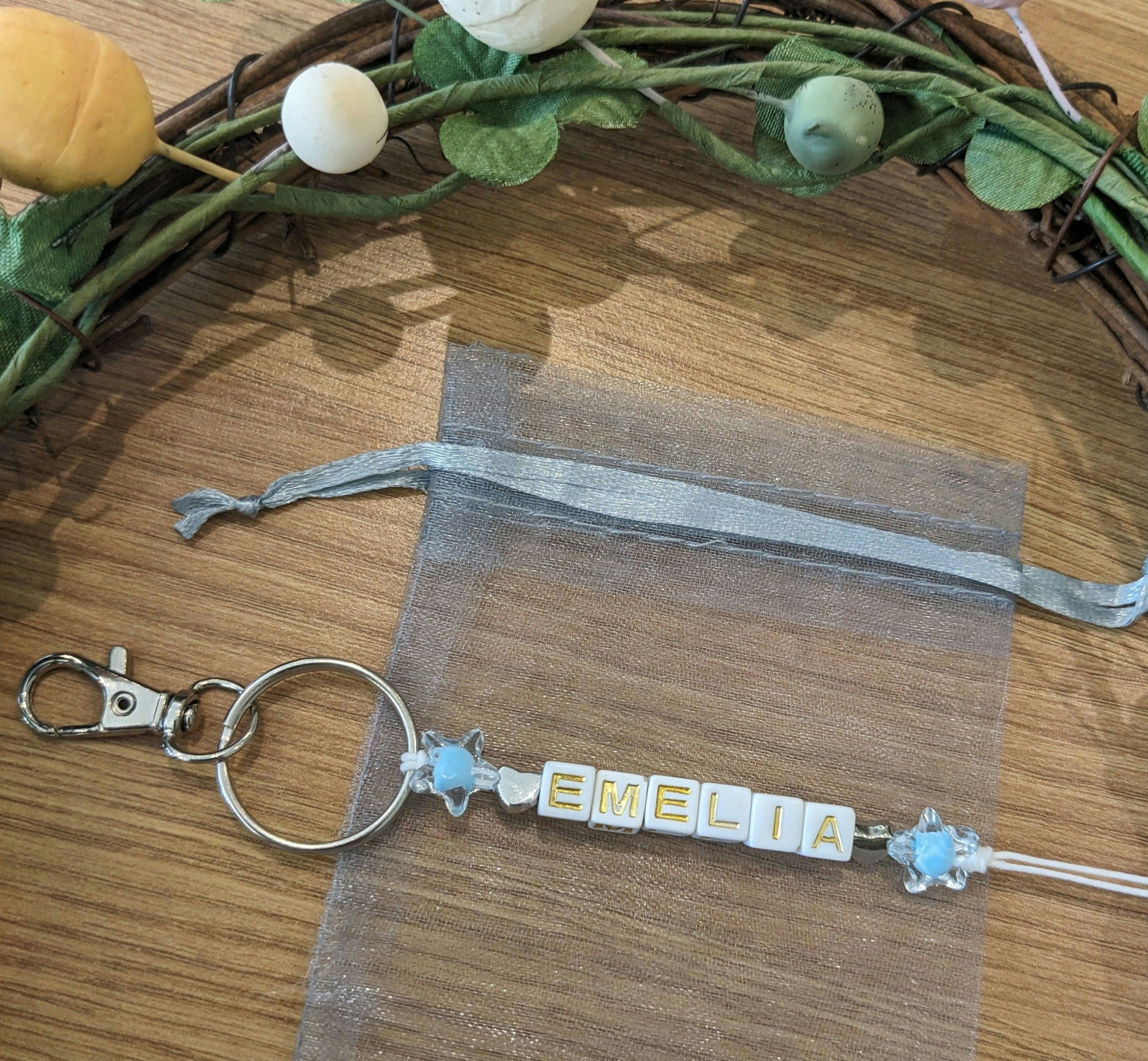 Personalised Name Tag Bead Keyring, School Bag Keyring, Name Keyring ...