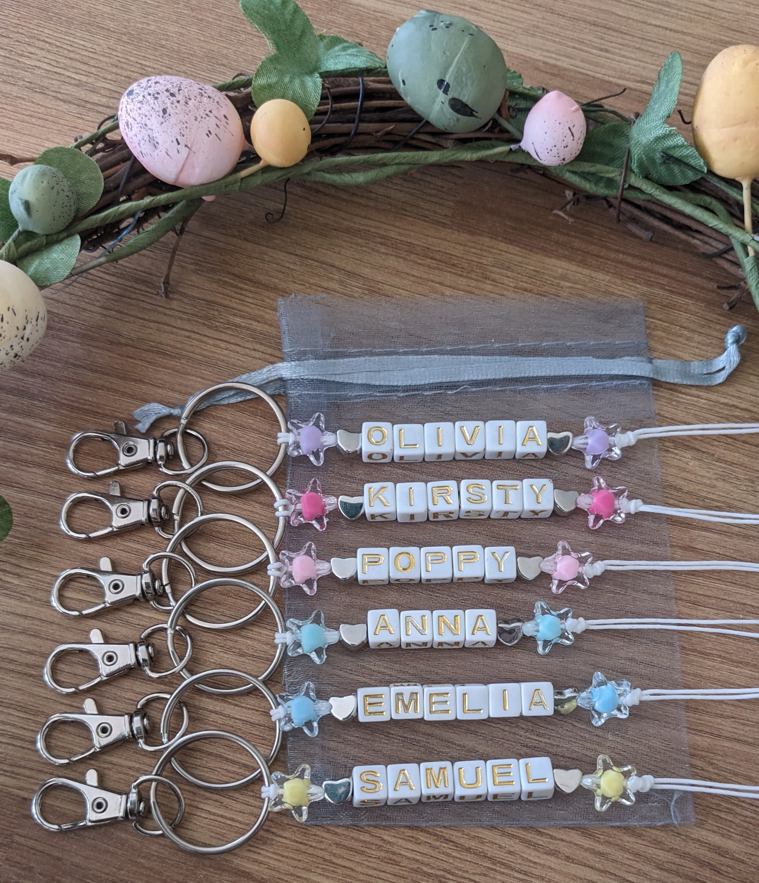 Personalised Name Tag Bead Keyring, School Bag Keyring, Name Keyring ...