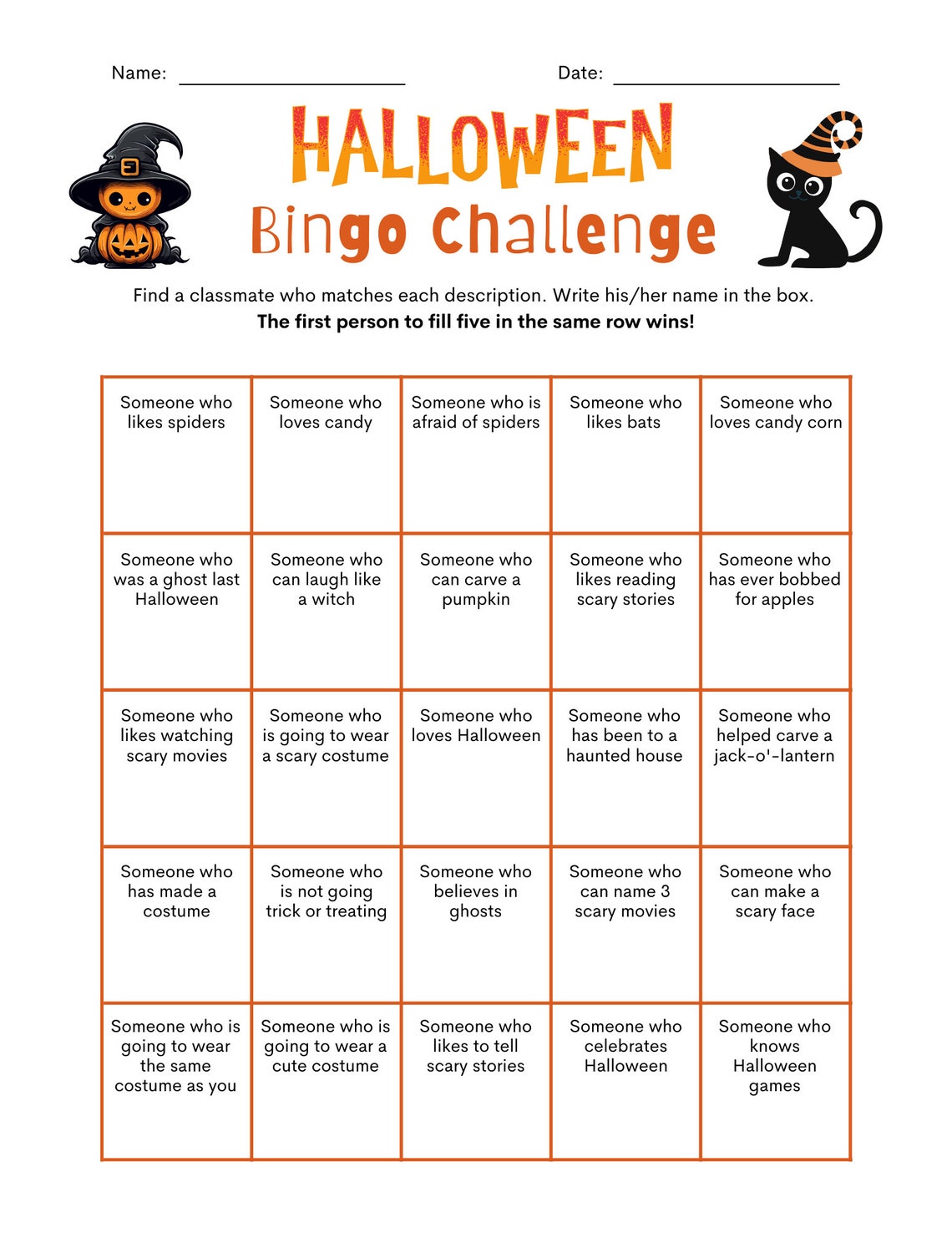Halloween Bingo Challenge Worksheet Instant Download - Etsy