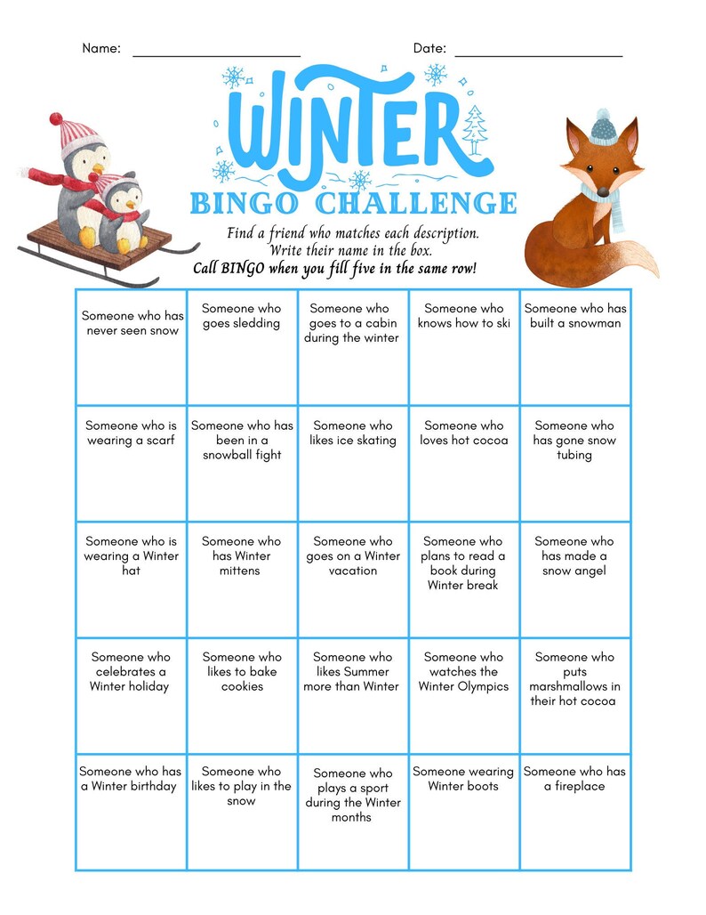 Winter Bingo Challenge Worksheet - 8.5x11 Instant Download - Etsy
