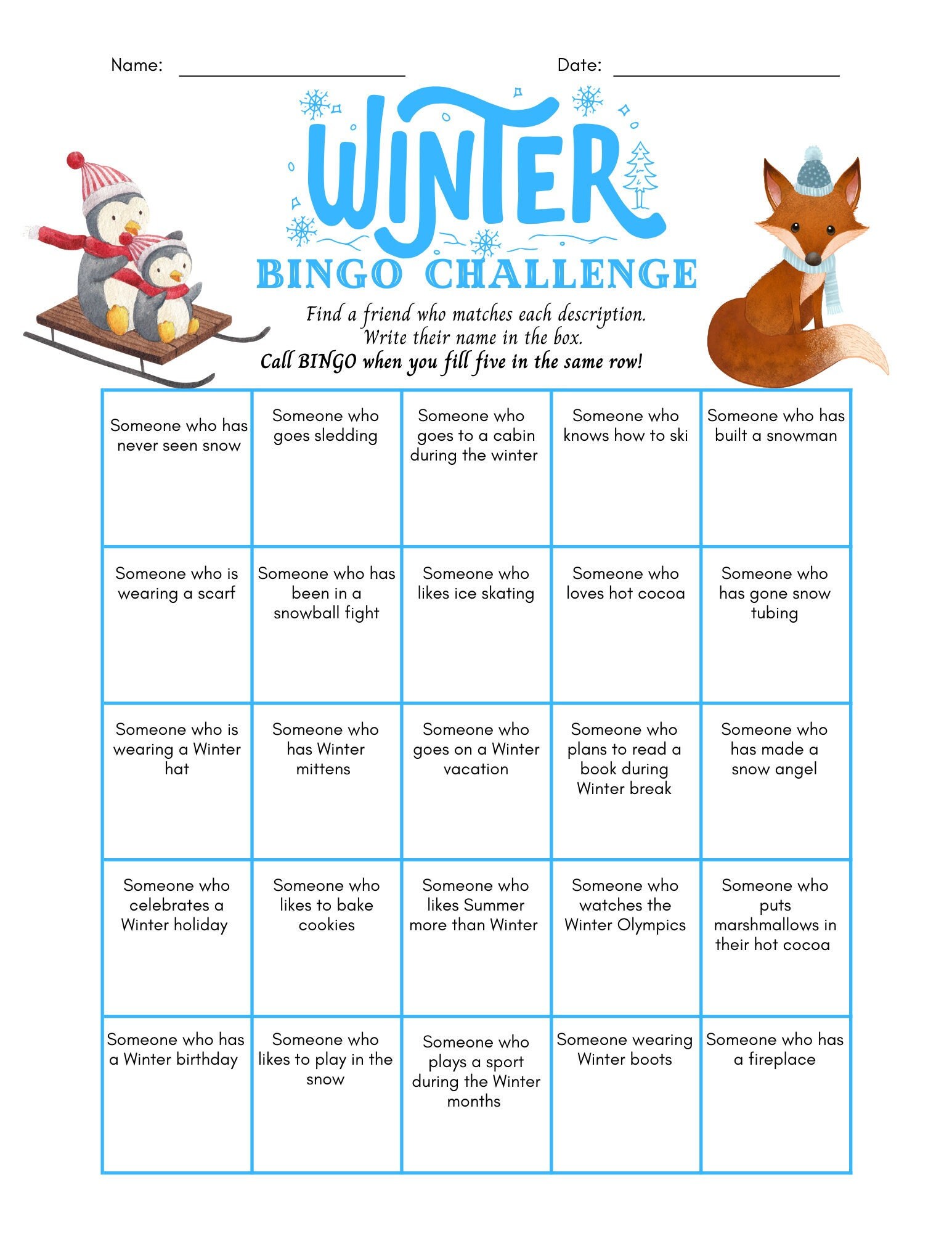 Winter Bingo Challenge Worksheet - 8.5x11 Instant Download - Etsy