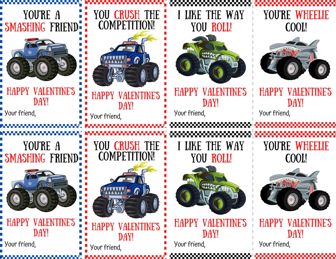 Monster Truck Valentine's Day Cards, 4 Designs 8 Cards per Page Instant ...