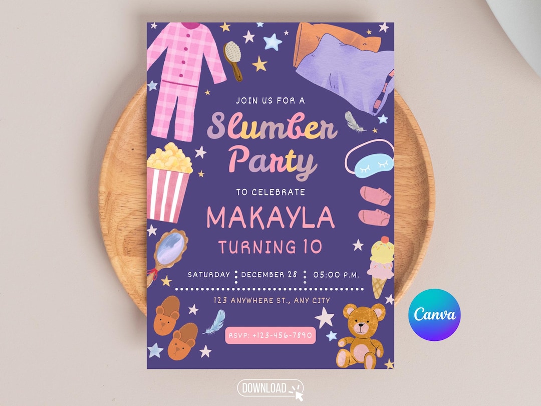 Slumber Party Invitation Template, Editable Sleepover Birthday Invite ...