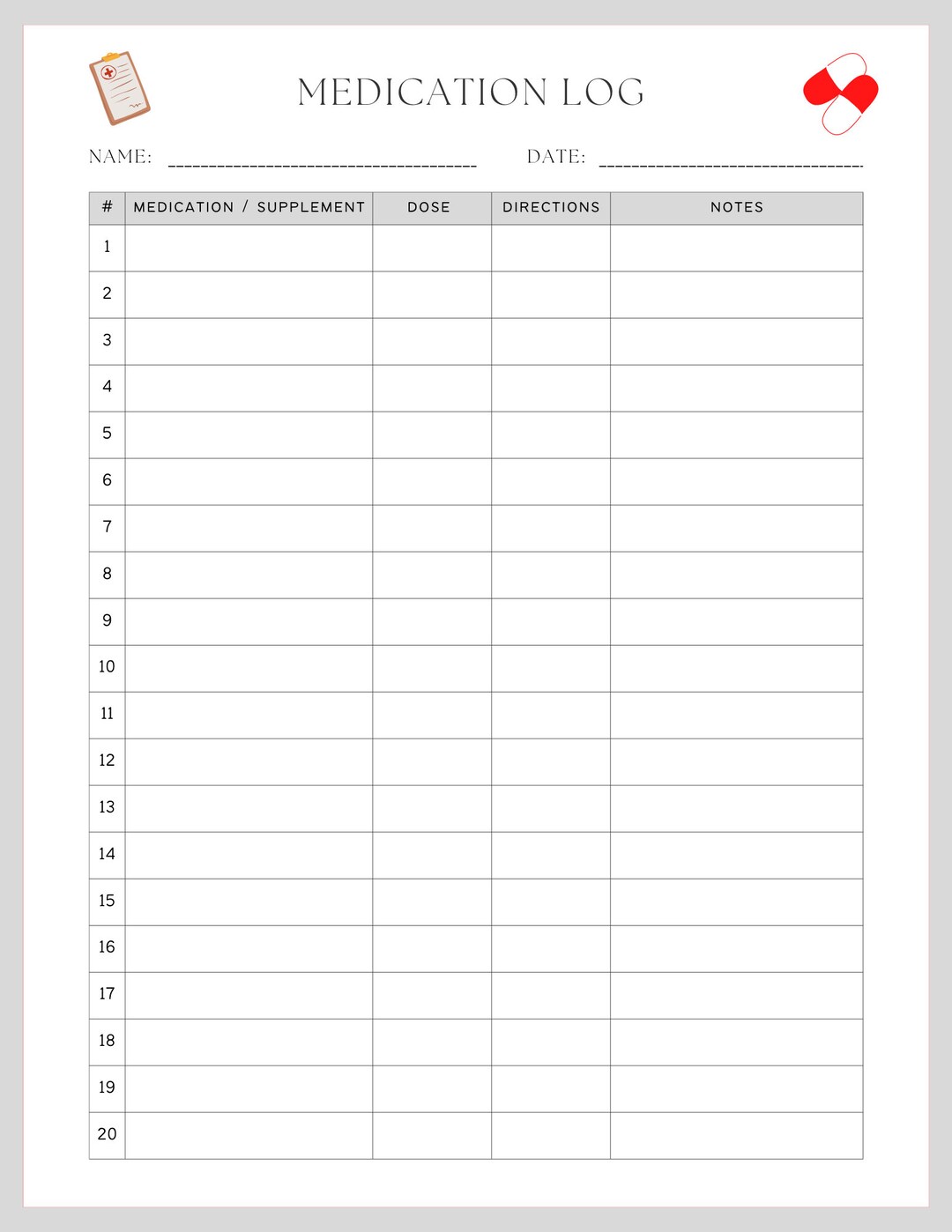 Medication Log, Medication List, Digital Planner, Digital Print - Etsy