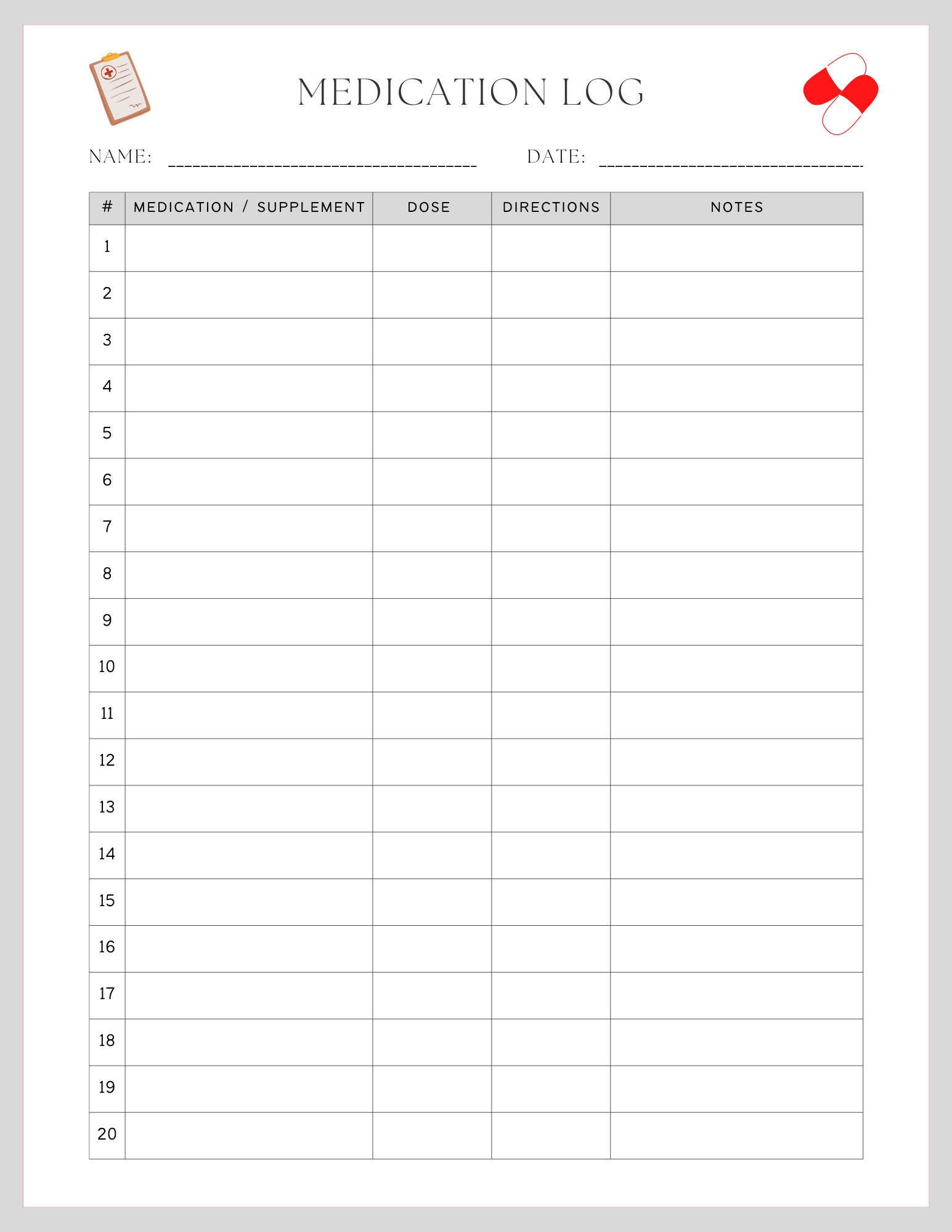 Medication Log, Medication List, Digital Planner, Digital Print - Etsy