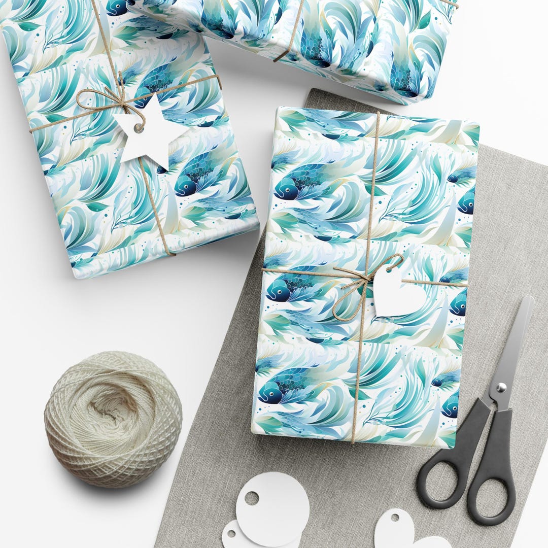 Wrapping Paper Set Blue Fish Design, Gift Wrap Sheets, Turquoise Fish ...