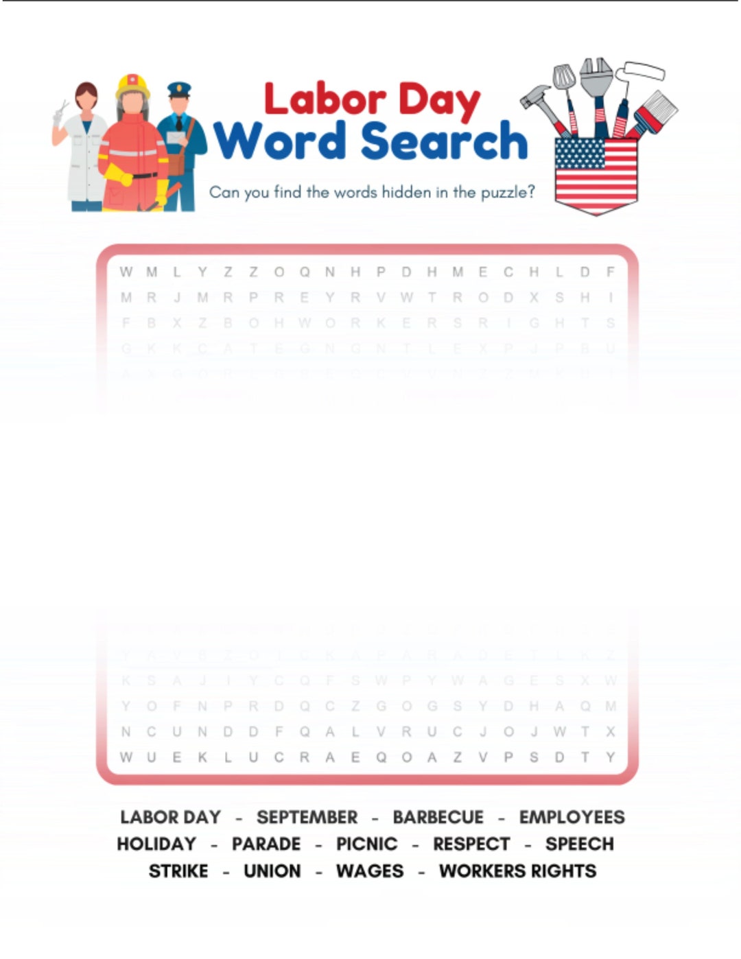 Labor Day Wordsearch, Digital Download, Activities, Printable, Teaching ...